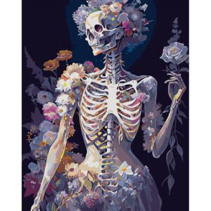 paint by number kits for adults beginners, easy acrylic simple skull adult paint by number kits, diy watercolor skeleton paint by numbers kits on canvas without frame for home wall decor 16x20inch