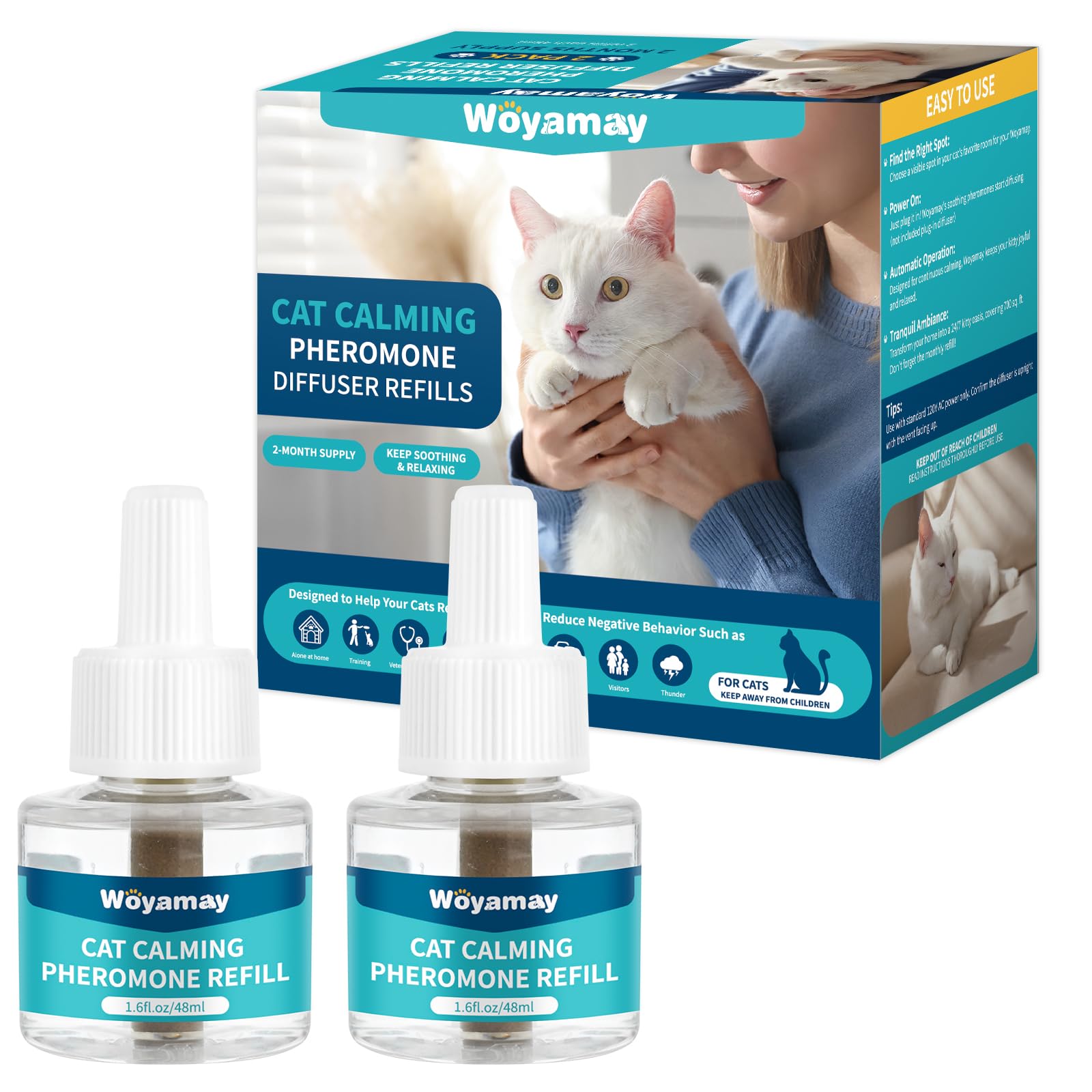 Woyamay Cat Calming Diffuser Refills - Cat Pheromones Calming Diffuser for Cats Relieve Anxiety & Stress, 2-Month Supply Cat Pheromone Diffuser Refills (Fits All Common Diffuser