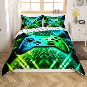 Gamepad Bedding Sets for Boys,Reversible Gaming Duvet Cover Set Twin Size,Video Games Geometry Comforter Cover,Bed Set for Kids Bedroom,Gamepad Controller,2 Pcs with 1 Pillow Case,Blue Green Neon