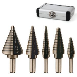 aleric step drill bit set - 5 pcs hss titanium step drill bits,high speed steel step bits for metal,wood,plastic, step bit,multiple size hole cutting drilling cone unibit step drill bit for diy lovers