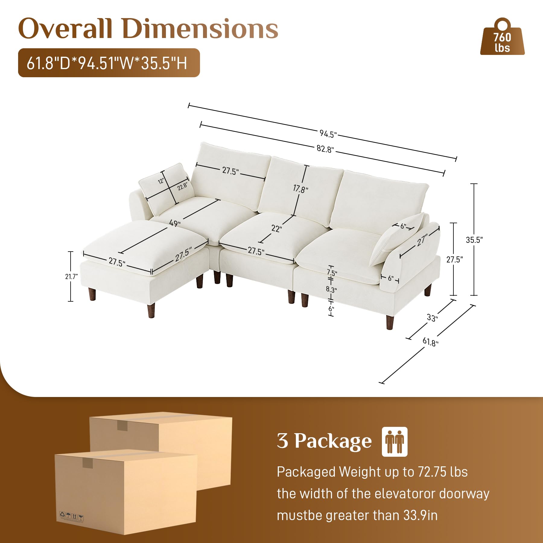 Nolohoo Cloud Couch Sectional, 94" Deep Seat L Shape Sectionals Sofa with Sleeper Chaise, Convertible Ottoman, Comfy Chenille Small Modular Couches for Living Room, Apartment, Cream White