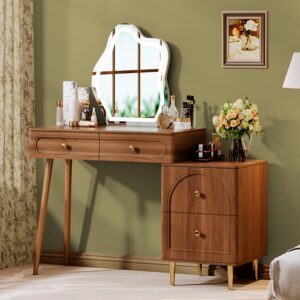 chrangmay stylish corner vanity desk with mirror and lights,small makeup vanity with 4 drawers,modern makeup table with adjustable cabinet for bedroom,makeup room,writing desk,brown