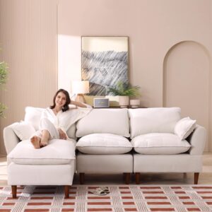 Nolohoo Cloud Couch Sectional, 94" Deep Seat L Shape Sectionals Sofa with Sleeper Chaise, Convertible Ottoman, Comfy Chenille Small Modular Couches for Living Room, Apartment, Cream White