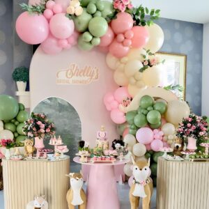 Sage Green Pink Balloons, 50pcs 12 Inch Green and Pink Balloons Olive Green Light Pink Sand White Metallic Gold Balloons for Birthday Decoration Baby Shower Wedding Party Decoration