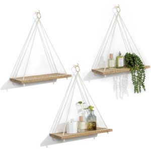 mitime hanging shelves for wall & window plant shelf indoor - floating wall shelves for bedroom bathroom living room - macrame wall hanging shelf - boho wall decor home, light color,large*3