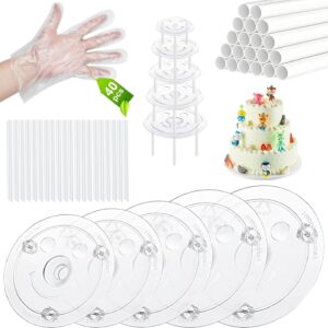 Kartisen 40 Pieces Plastic Cake Dowel Rods Set, 20 White Plastic Cake Sticks Support Rods with 5 Cake Separator Plates for 4, 6, 8, 10,12 Inch Cakes and 15 Clear Cake Stacking Dowels for Tiered Cakes