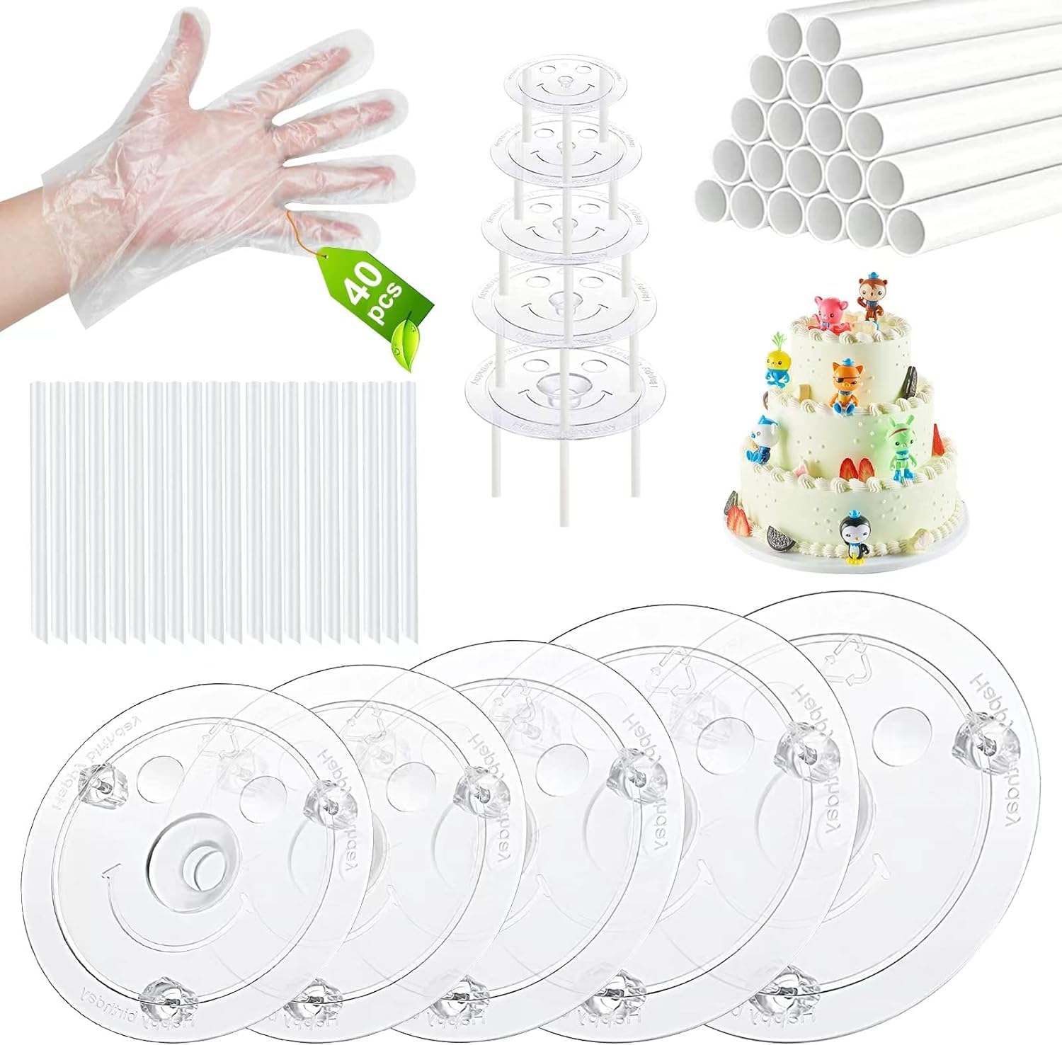 Kartisen 40 Pieces Plastic Cake Dowel Rods Set, 20 White Plastic Cake Sticks Support Rods with 5 Cake Separator Plates for 4, 6, 8, 10,12 Inch Cakes and 15 Clear Cake Stacking Dowels for Tiered Cakes