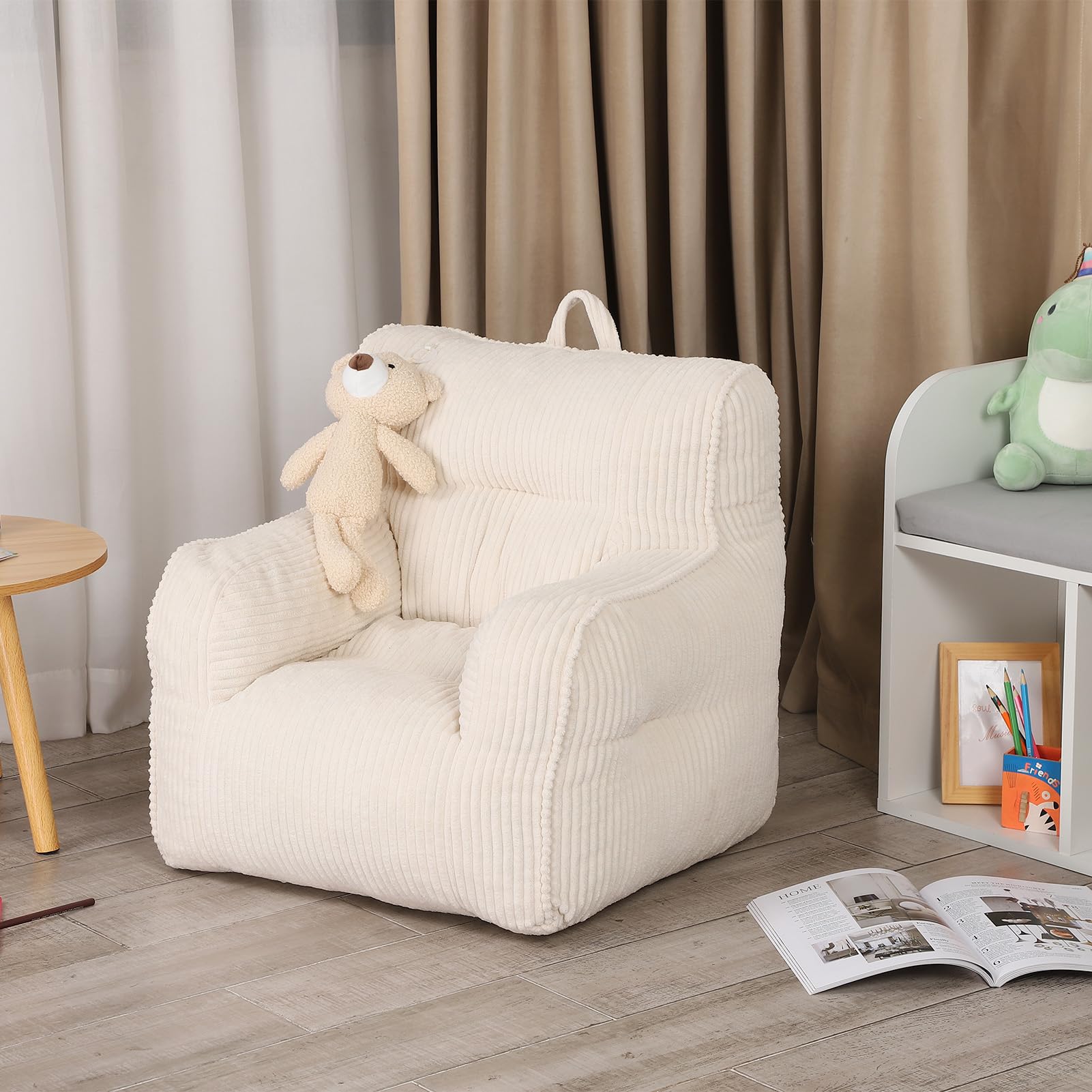 MOMCAYWEX Kids Bean Bag Chair with a Plush Bear, Comfy Toddler Chair for Boys and Girls, Beige