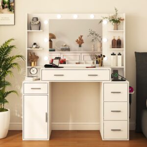 vanity desk with lights and power strip, makeup vanity table lots storage with 5 drawers & 1 cabinet, 3 light colors with adjustable brightness, large vanity 47.3'' (w)