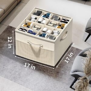 Aokeyee Shoe Organizer for Closet,Foldable Shoe Storage Organizer Box Bin w/Adjustable Dividers and Clear Cover, Fits up to 16 Pairs (Beige)