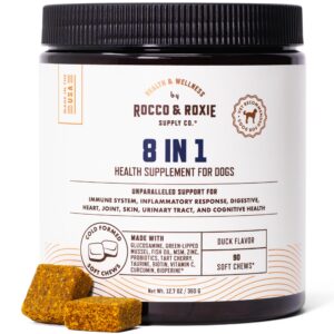 rocco & roxie 8 in 1 dog vitamins and supplements, glucosamine, green lipped mussel hip and joint, probiotics digestive health, immune skin and coat, puppy to senior chewable multivitamin, 90 ct chews