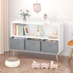 kids bookcase and bookshelf multi shelf cubby with 3 collapsible fabric drawers kid's book and toy display rack toy storage cabinet organizer for playroom nursery children's room school, white+grey