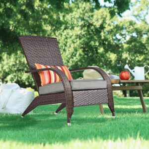 wicker adirondack chair fire pit chairs oversized comfy patio chairs outdoor wicker rattan chairs with cushion grey low deep seating high back with pillow for outside backyard deck porch lawn