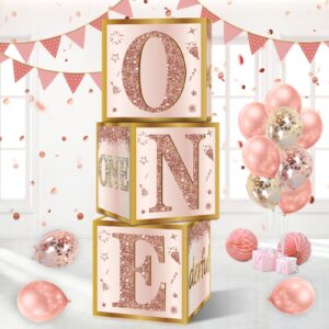 guiruiy 3pcs 1st birthday boxes party supplies for baby girl, pink rose gold miss onederful 1st birthday balloons boxes decoration, pink one year old birthday theme cardboard box decor