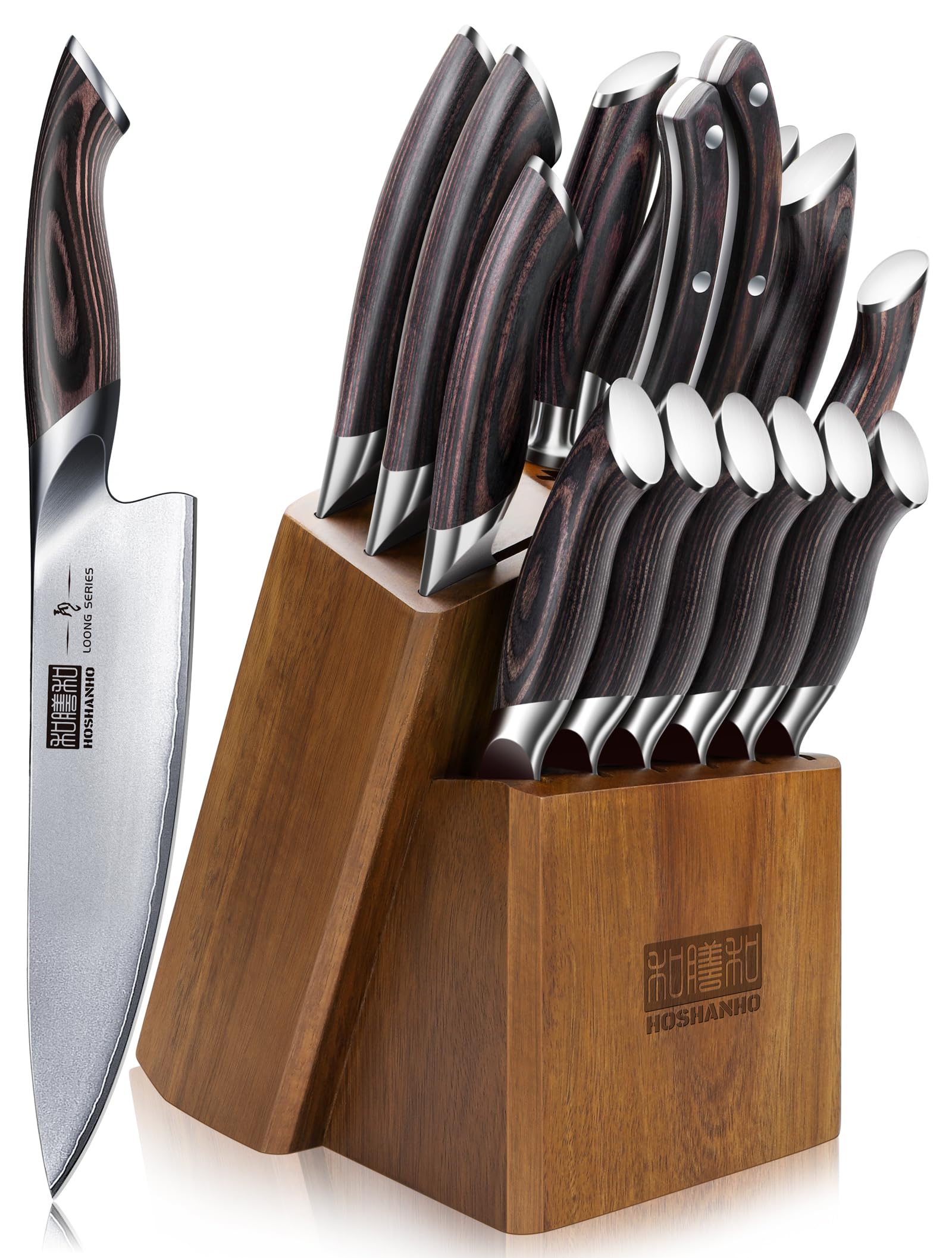 HOSHANHO 16-Piece Knife Set, Japanese AUS-10 Stainless Steel Kitchen Knife Set, Ultra Sharp Chef Knife Block Set with Sharpener