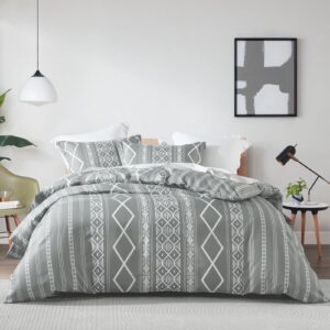 ewlinens boho duvet cover king size - gray geometric bedding duvet cover set 3 pieces bohemian striped pattern printed cotton comforter cover with zipper closure & corner ties, 104"x90"