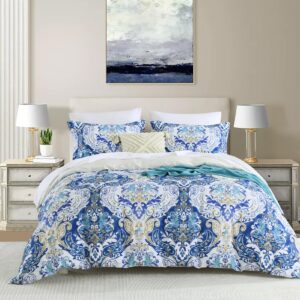 quilta blue damask duvet cover king 3 pieces bedding set 104"x90", vintage boho medallion reversible pattern duvet cover with 2 pillowshams, comforter not included, blue/white/brown