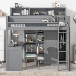 SOFTSEA Twin Loft Bed with Desk and Wardrobe, Solid Wood Loft Bed with Desk and Storage Shelves, High Loft Bed Frame with Bookcase Headboard and Ladder for Kids Teens Adults, Gray