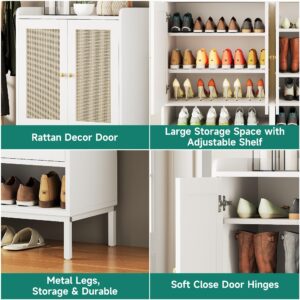 JASIWAY Rattan Shoe Cabinet Storage for Entryway, Shoe Cabinet with Adjustable Shelves for Entryway, 5-Tier, 20 Pair Shoe Rack Storage for Hallway, Closet, Living Room, White