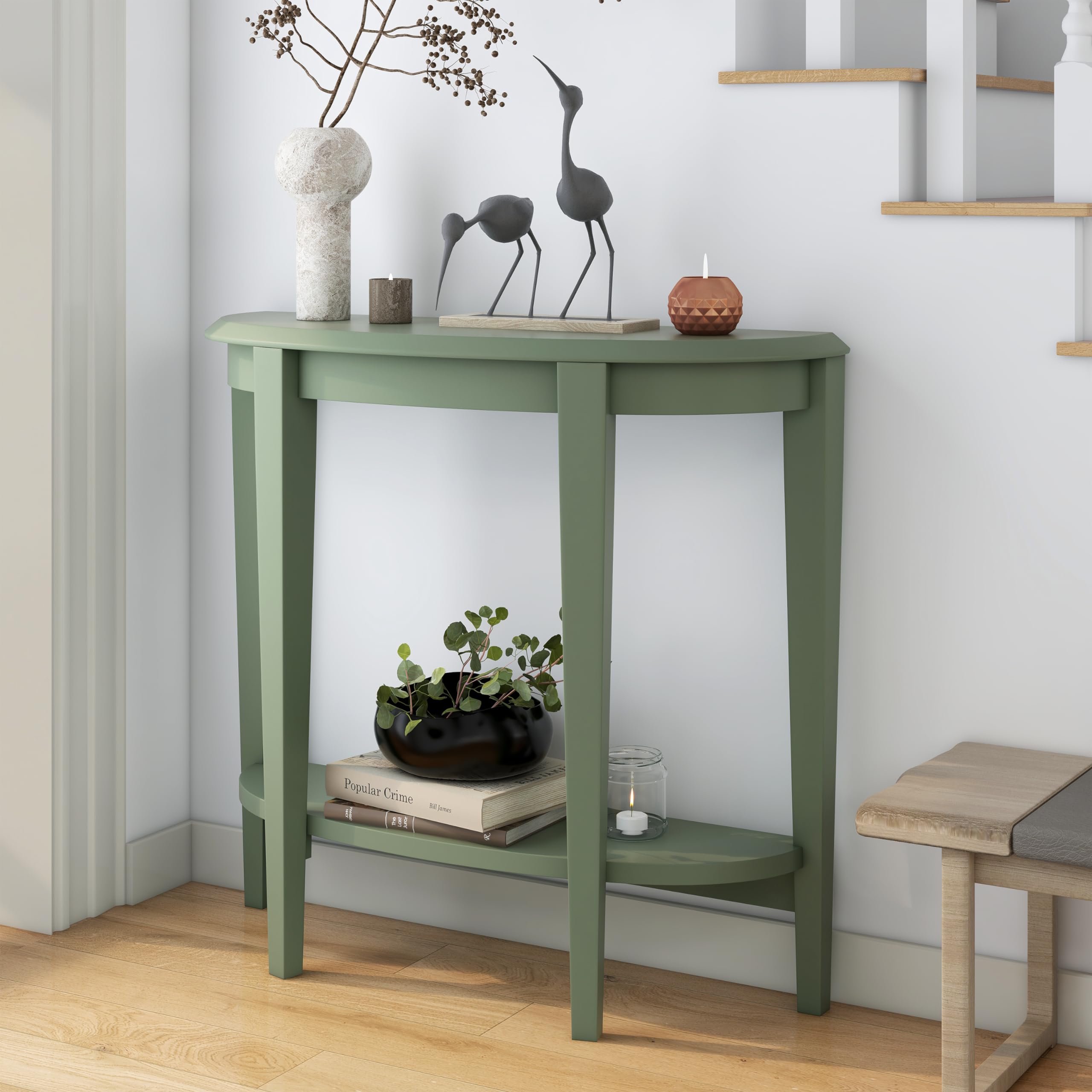 HOMES: Inside + Out Payne Modern Half Moon Accent Console Table with Storage Shelf, Decorative Entryway Furniture for Living Room, Hallway, Entrance, Small Spaces, Sage Green