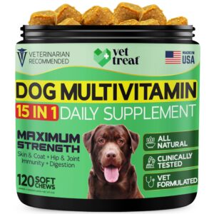 dog multivitamin chewable with glucosamine -made in usa- puppy & senior supplement - 120 treats - dog vitamins and supplements - skin, heart, immunity, hip & joint support + salmon oil + probiotics