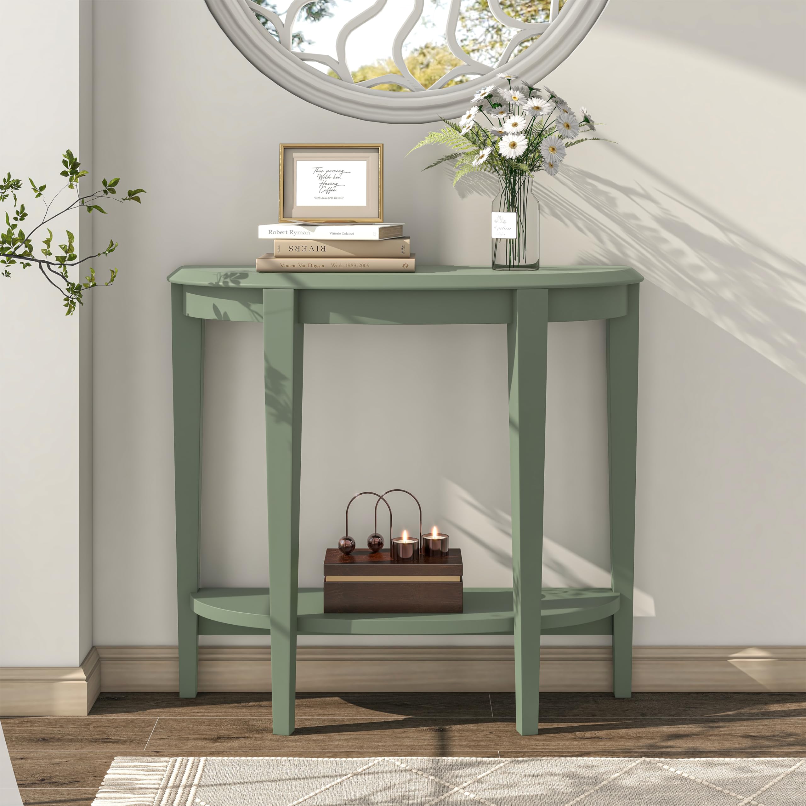 HOMES: Inside + Out Payne Modern Half Moon Accent Console Table with Storage Shelf, Decorative Entryway Furniture for Living Room, Hallway, Entrance, Small Spaces, Sage Green