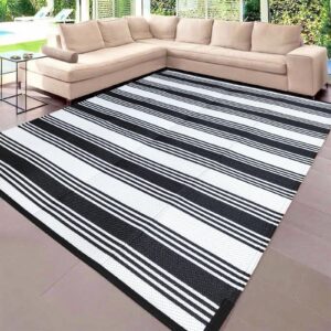 pcinfuns plastic straw rug,patio rugs rv camping rug reversible mat,6'x9' reversible mats large floor mat and rug for outdoor,black & white thin stripe