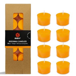 round shape beeswax tealight candles, 24 pack handmade natural beeswax tea light candles set, clear cup yellow bees wax tealight 9 hour burn time for home decor, shabbat, wedding, emergency