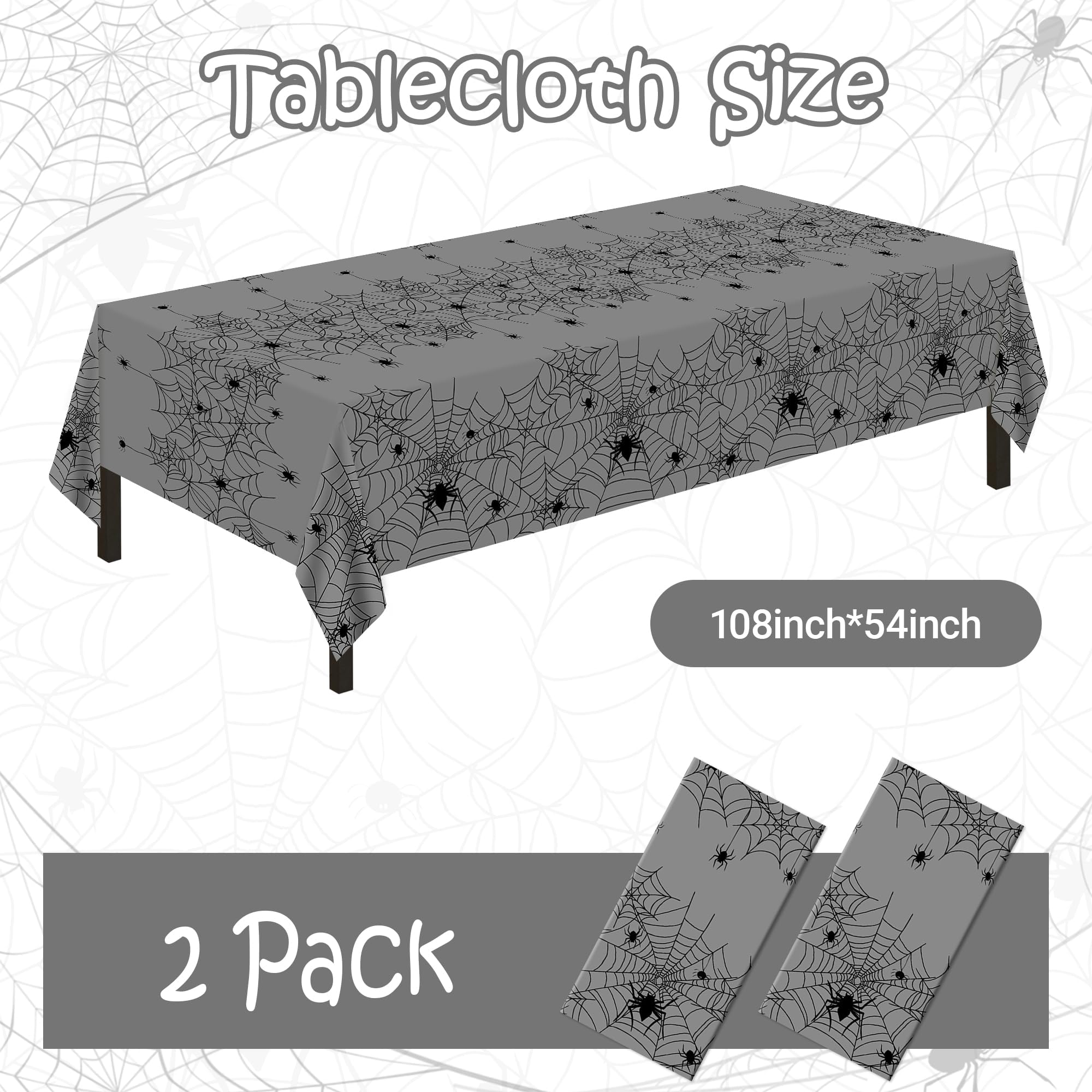 2 Pack Plastic Tablecloths Disposable Table Cloth for Rectangle Tables 54 x 108 Inch Spider Web Tablecloth for Birthday Party Decorations,Gray Spider Web Decorations,Scary Themed Party Supplies