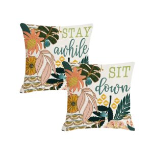 jartinle floral outdoor waterproof pillow covers 18x18 decorative boho tropical flower sit stay sayings porch pillows cushion cases set of 2 for couch patio furniture outdoor decor