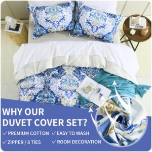 Quilta Blue Damask Duvet Cover King 3 Pieces Bedding Set 104"x90", Vintage Boho Medallion Reversible Pattern Duvet Cover with 2 Pillowshams, Comforter Not Included, Blue/White/Brown