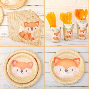 Yoande 194 Pcs Fox Duck Bird Theme Birthday Party Supplies Woodland Animal Face Paper Dessert Plates Knives Forks Spoons Cups Napkins for Kids Girl Boy Baby Shower Tableware Set Serves 24 (Fox)