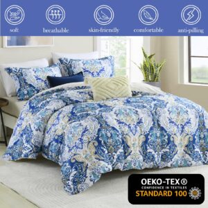 Quilta Blue Damask Duvet Cover King 3 Pieces Bedding Set 104"x90", Vintage Boho Medallion Reversible Pattern Duvet Cover with 2 Pillowshams, Comforter Not Included, Blue/White/Brown