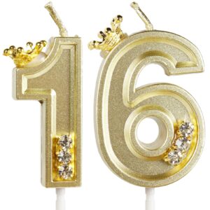 hongplus gold number 16 birthday candle with diamonds & crown cake candles, candles for cake, crown happy 16 birthday candles cake topper decorations for girls boys birthday anniversary party