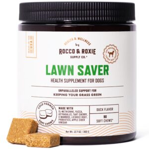 rocco & roxie dog urine neutralizer for lawn, green grass savers for dog urine pee spots, uti health & bladder control supplement with d-mannose, apple cider vinegar & dl-methionine, 90ct soft chews