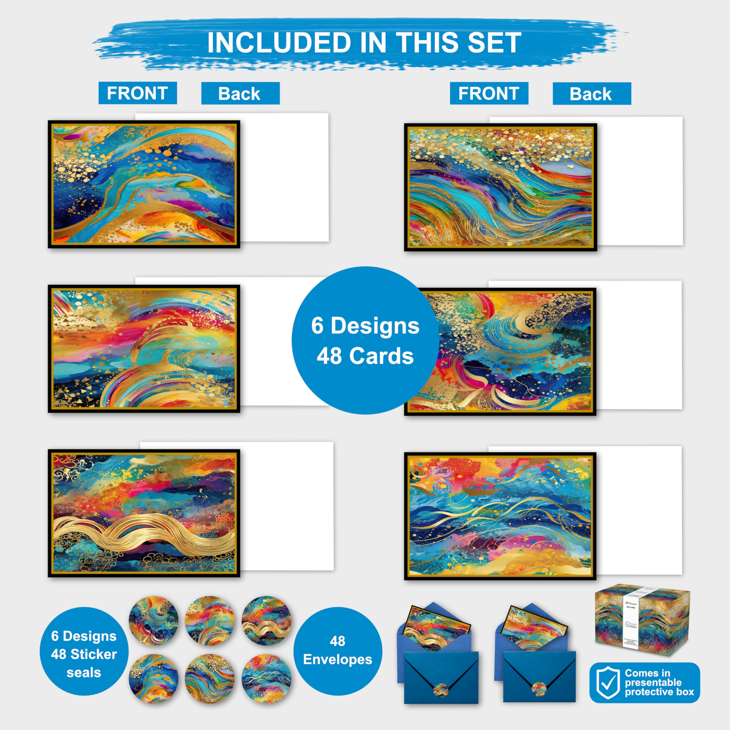 smart scribbles 48 Blank Cards and Envelopes - 4x6” Assorted Note Cards for All Occasions, Rainbow Agate Greeting Cards, Thank You Cards Assortment Pack with Matching Envelope Seals