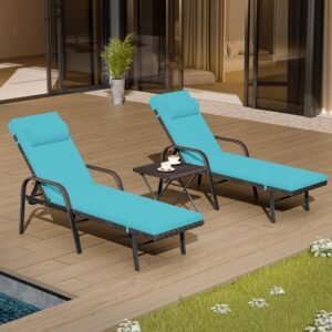 asjmr patio chaise lounge set 3 pieces outdoor lounge chair with rattan adjustable backrest armrest and folding table for beach patio,sand, for poolside backyard porch