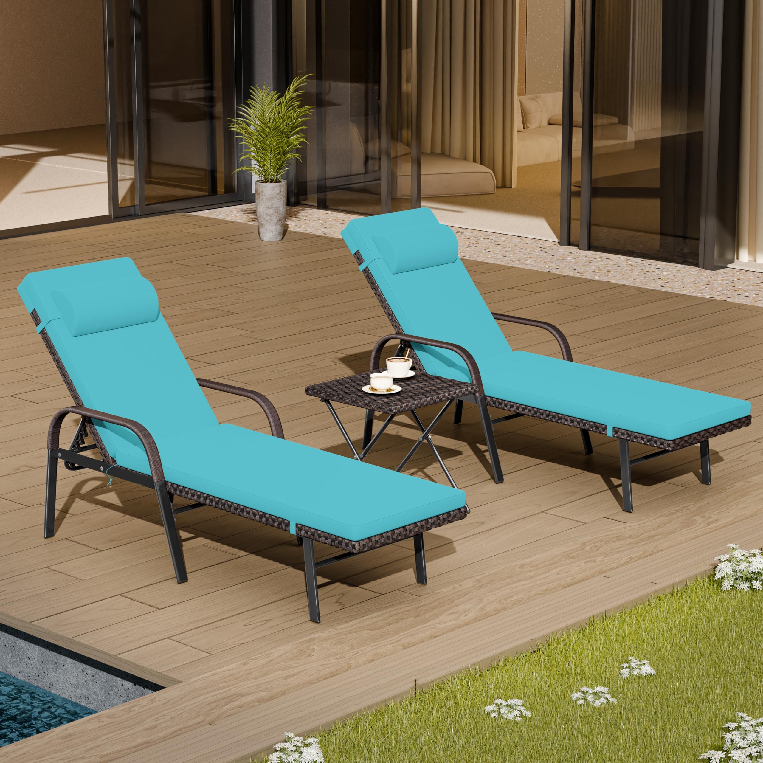 ASJMR Patio Chaise Lounge Set 3 Pieces Outdoor Lounge Chair with Rattan Adjustable Backrest Armrest and Folding Table for Beach Patio,Sand, for Poolside Backyard Porch