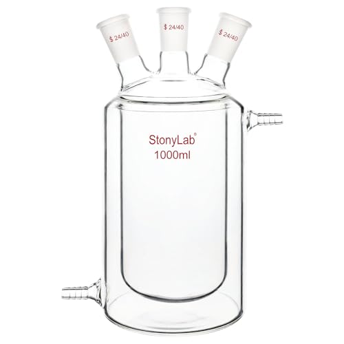 stonylab Jacketed Reaction Flask, Flat Bottom Double Layer Reaction Vessel with Three 24/40 Standard Joints, 1000 ml