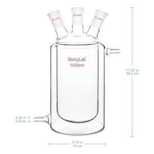 stonylab Jacketed Reaction Flask, Flat Bottom Double Layer Reaction Vessel with Three 24/40 Standard Joints, 1000 ml