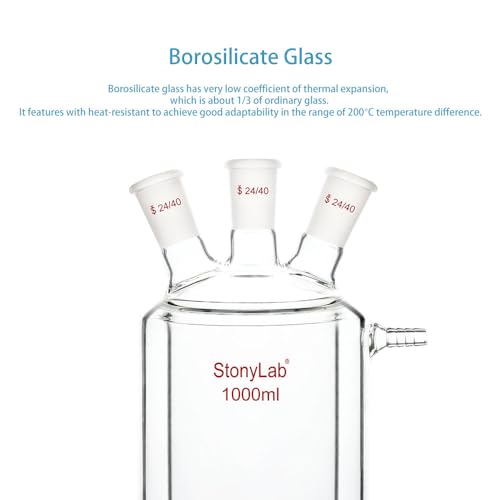 stonylab Jacketed Reaction Flask, Flat Bottom Double Layer Reaction Vessel with Three 24/40 Standard Joints, 1000 ml