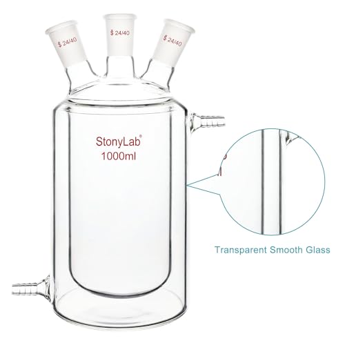 stonylab Jacketed Reaction Flask, Flat Bottom Double Layer Reaction Vessel with Three 24/40 Standard Joints, 1000 ml