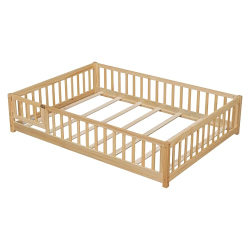 Bellemave Full Size Floor Bed with Door and Fence for Kids, Montessori Floor Bed with Slats and Safety Guardrails,Solid Wood Full Bed Frame for Girls Boys(Full,Natural)