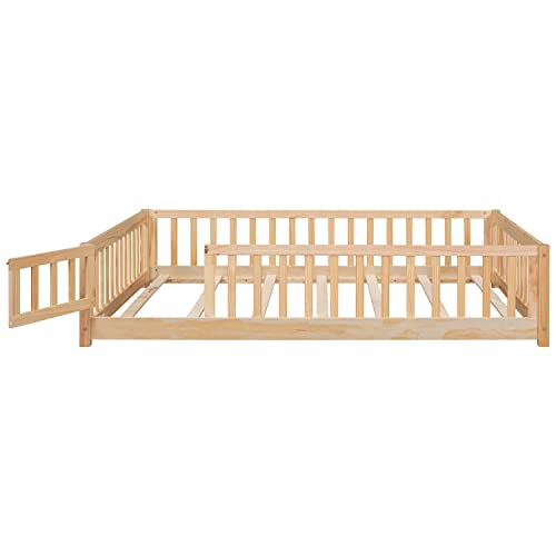 Bellemave Full Size Floor Bed with Door and Fence for Kids, Montessori Floor Bed with Slats and Safety Guardrails,Solid Wood Full Bed Frame for Girls Boys(Full,Natural)