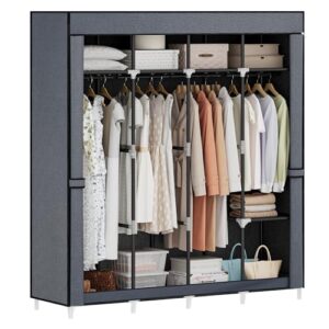 hzuaneri 67 inch closet wardrobe, clothes storage organizer for hanging clothes with cover, 4 hanging rods, 9 storage shelves, portable closet for bedroom 67 x 16.5 x 66, pure grey