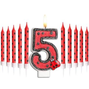 herdear ladybug number 1-9 birthday cake candle numeral birthday candles birthday decorations black red polka dots ladybird dots ladybug theme candles for birthday party baby shower (number 5)