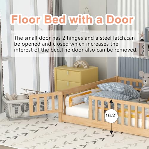 Bellemave Full Size Floor Bed with Door and Fence for Kids, Montessori Floor Bed with Slats and Safety Guardrails,Solid Wood Full Bed Frame for Girls Boys(Full,Natural)