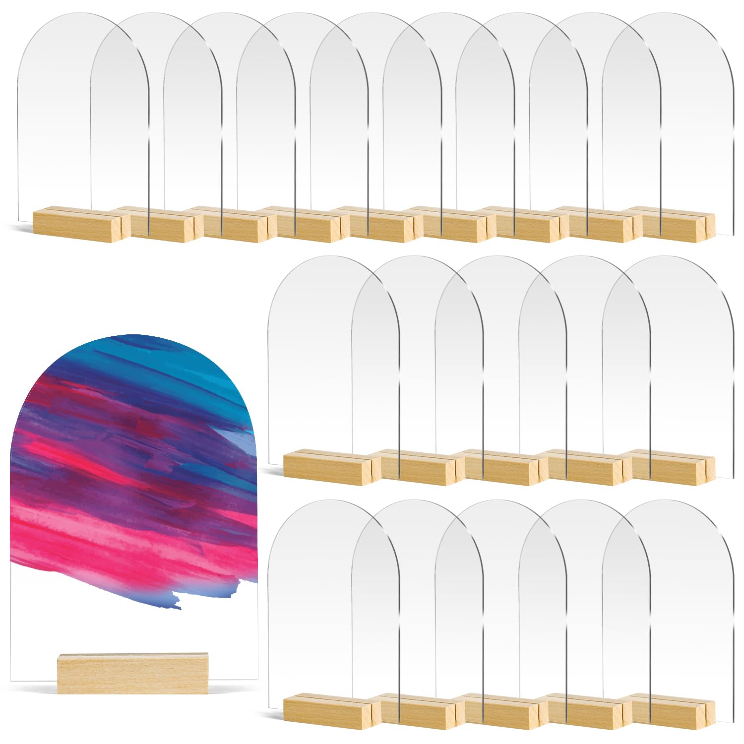 20pcs Blank Clear Arch Acrylic Sign with Wooden Stands, 5.51x3.93in Arched Dome Acrylic Sign Holder Table Top Stand Display DIY Table Numbers for Wedding Event Party Sign Decor