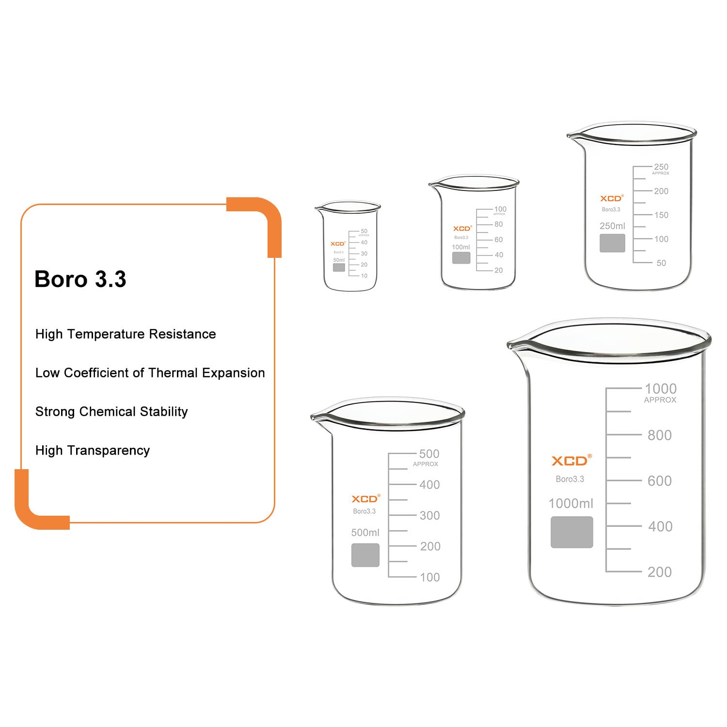 XCD Borosilicate Glass Beaker Set, Combo Pack Graduated Low Form Griffin Beakers in 5 Sizes (50ml, 100ml, 250ml, 500ml, 1000ml)