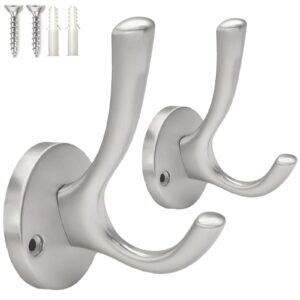 zorfeter brushed nickel towel hooks bathroom coat hook - heavy duty decorative hooks door hanger for robes, clothes, and towels - wall mounted cabinet closet hooks, pack of 2